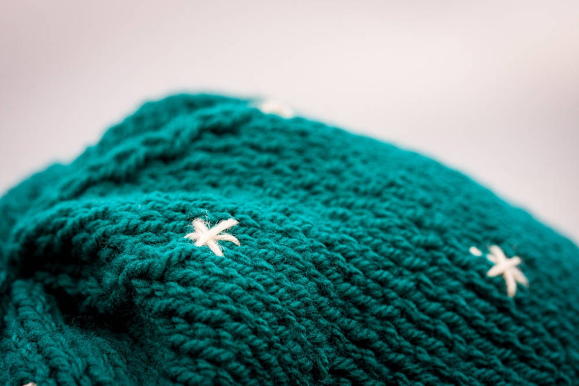 Dark Cyan Slouchy Beanie Hat With Embroidered Stars / Petrol Blue Hand ...