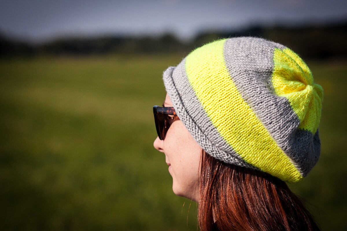 Yellow Grey Striped Slouchy Beanie Hat / Knit Fall Winter Unisex Hat ...