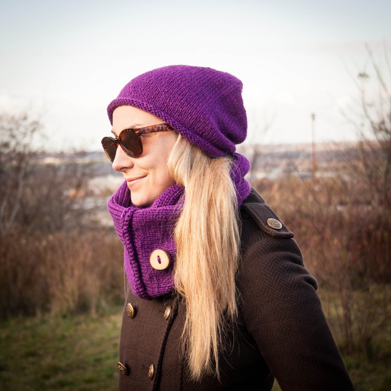 Violet Women Hand Knitted 2 Set / Purple Slouchy Beanie Hat With ...