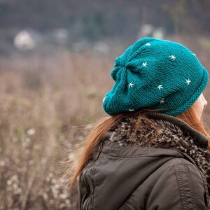 Dark Cyan Slouchy Beanie Hat With Embroidered Stars / Petrol Blue Hand ...