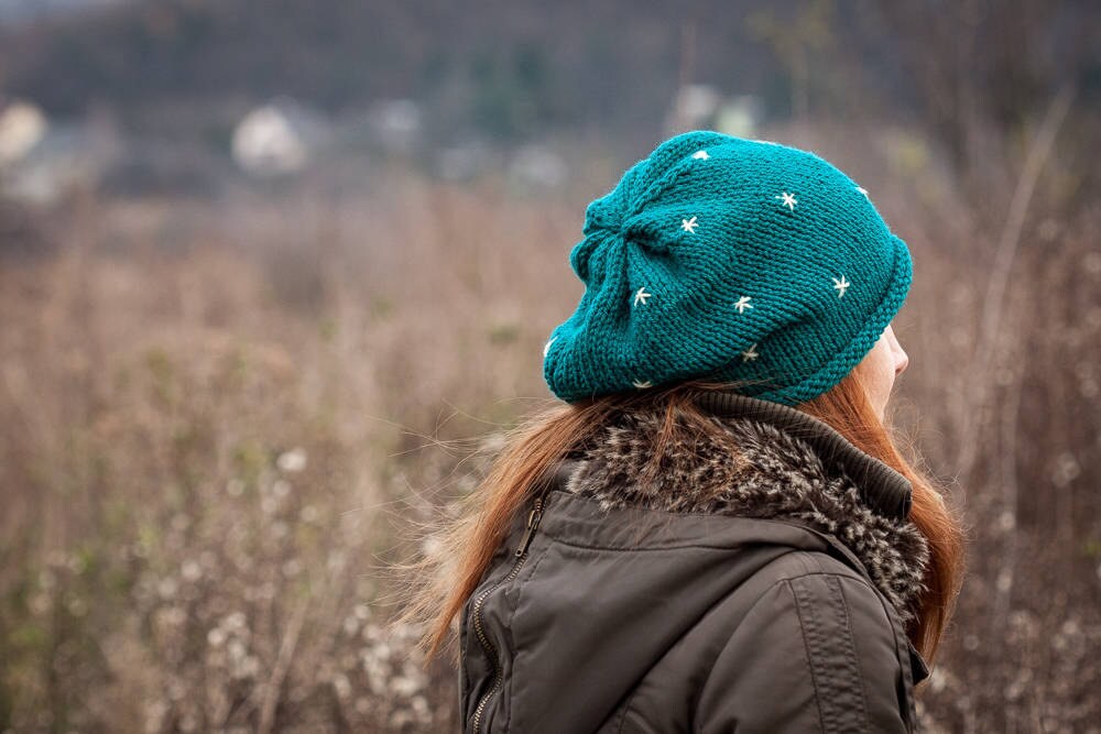Dark Cyan Slouchy Beanie Hat With Embroidered Stars / Petrol Blue Hand ...