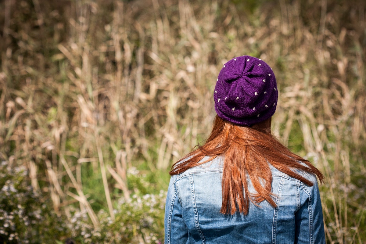 Violet Polka Slouchy Beanie Hat / Fall Winter Knit Violet Hat With ...