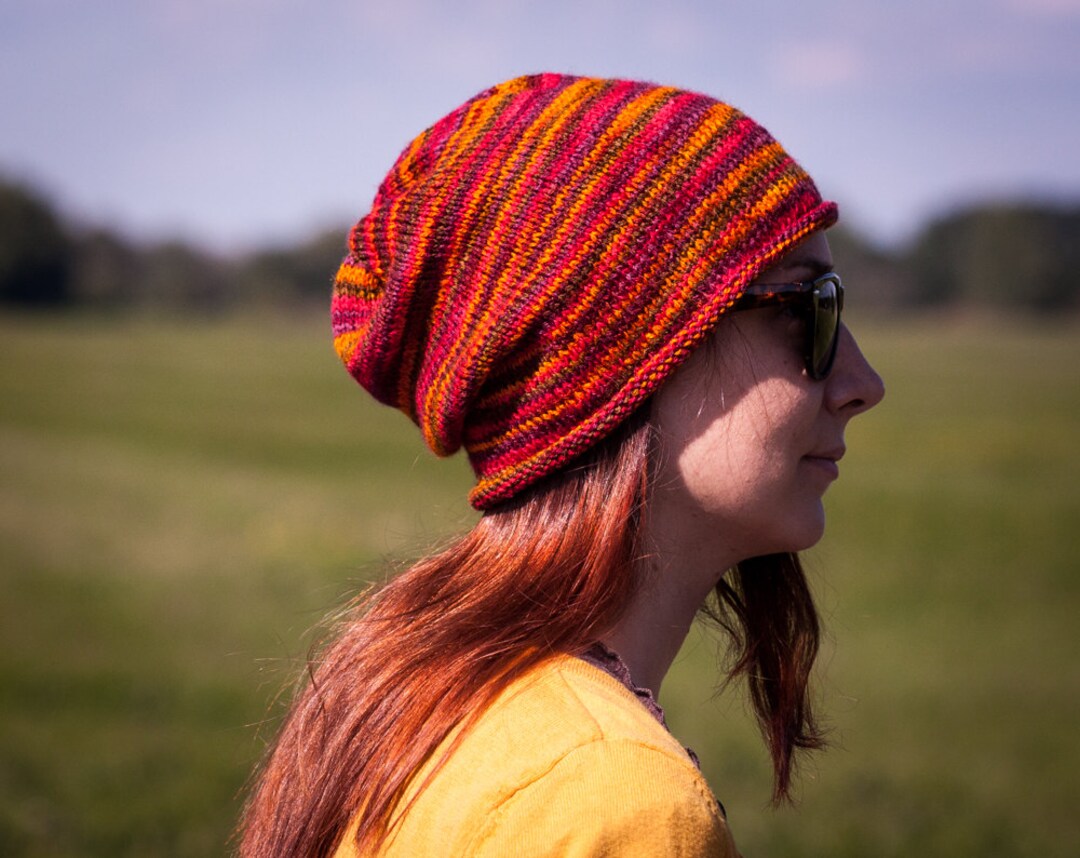 Orange Red Burgundy Flecked Slouchy Beanie Hat / Knit Red Striped Fall ...