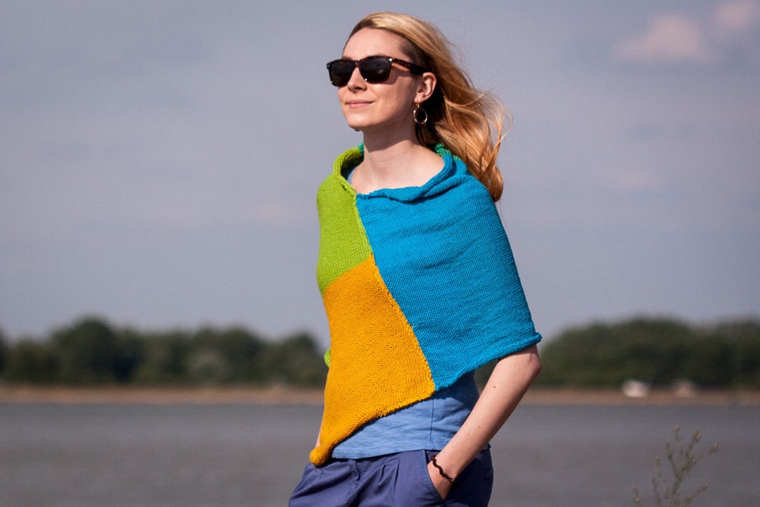 Hand Knitted Summer Poncho in Blue Green Mustard Colour / 100% Cotton ...