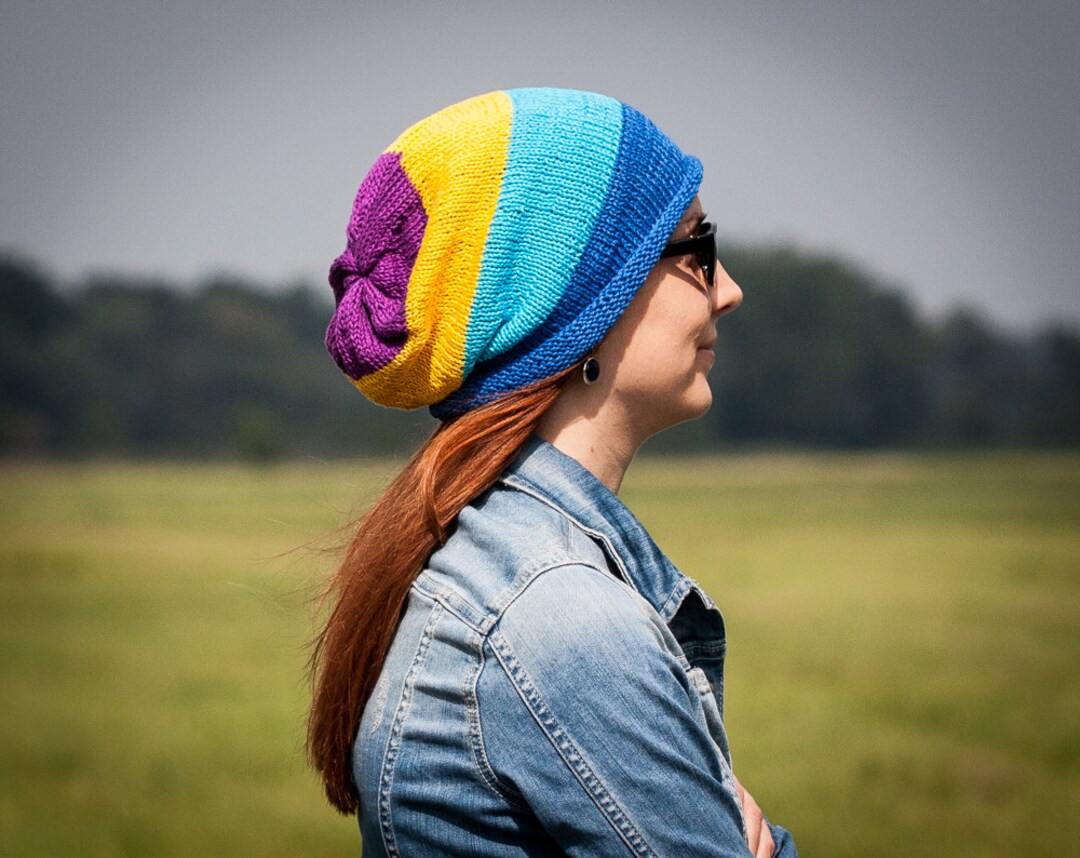 Violet Yellow Turquoise Blue Striped Slouchy Beanie Hat / 100% Cotton ...