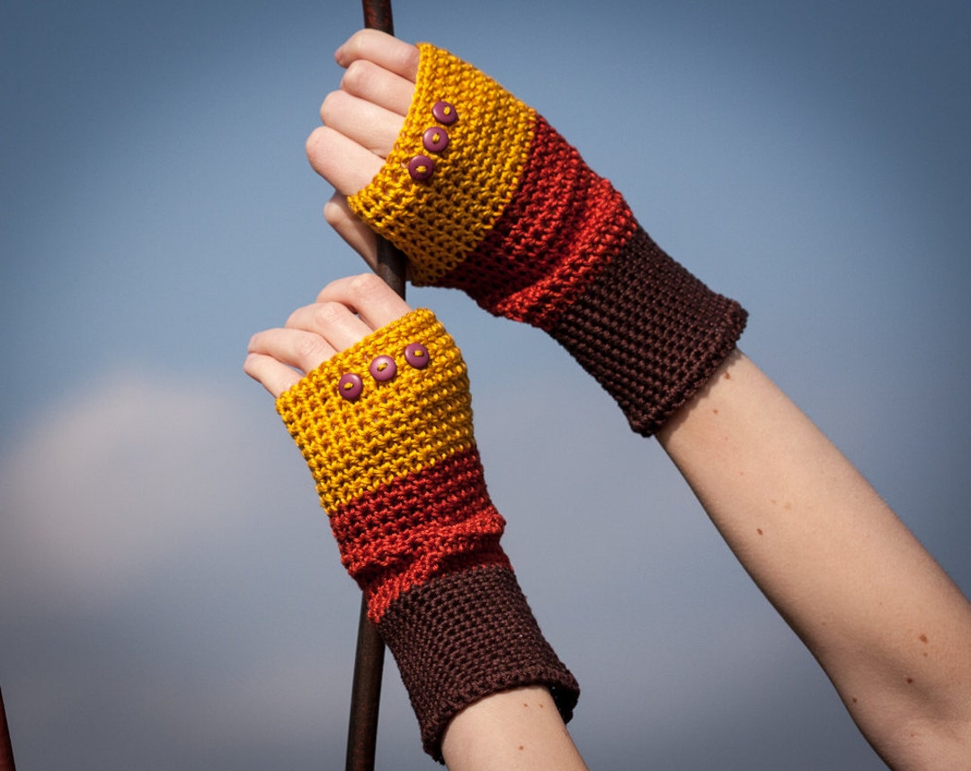 Brown Orange Yellow Fingerless Gloves / 100% Cotton Crochet Arm Warmers ...