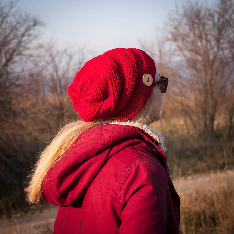 Red Slouchy Beanie Hat With Handmade Wooden Button / Red Urban Style ...