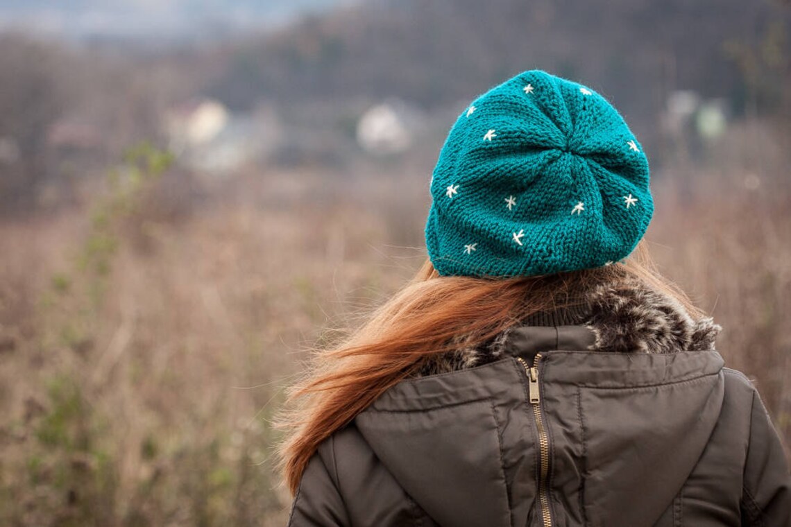 Dark Cyan Slouchy Beanie Hat With Embroidered Stars / Petrol Blue Hand ...