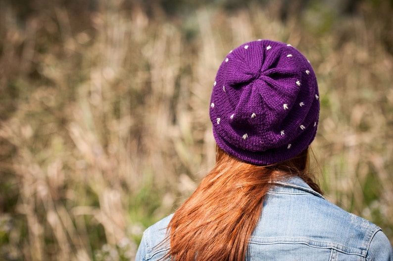 Violet Polka Slouchy Beanie Hat / Fall Winter Knit Violet Hat With ...