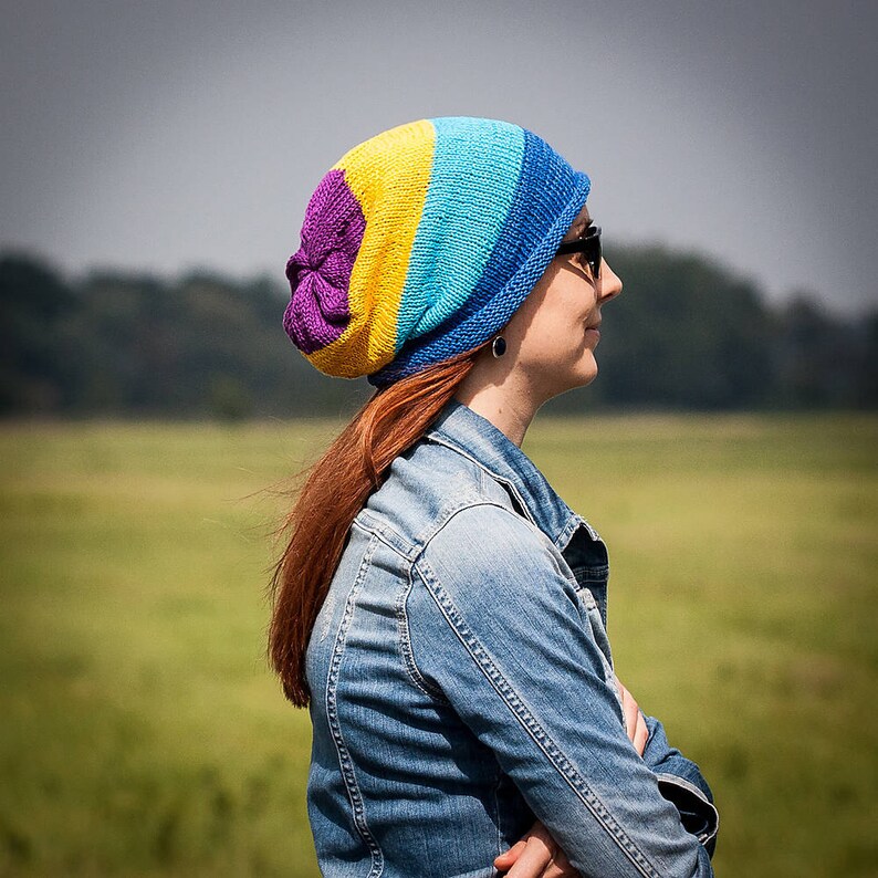 Violet Yellow Turquoise Blue Striped Slouchy Beanie Hat / 100% Cotton ...