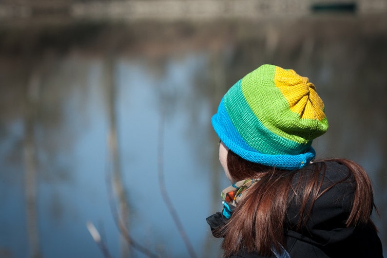 Blue Green Yellow Striped Slouchy Beanie Hat / 100% Cotton Knit Fall ...