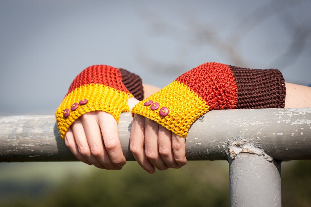 Brown Orange Yellow Fingerless Gloves / 100% Cotton Crochet Arm Warmers ...
