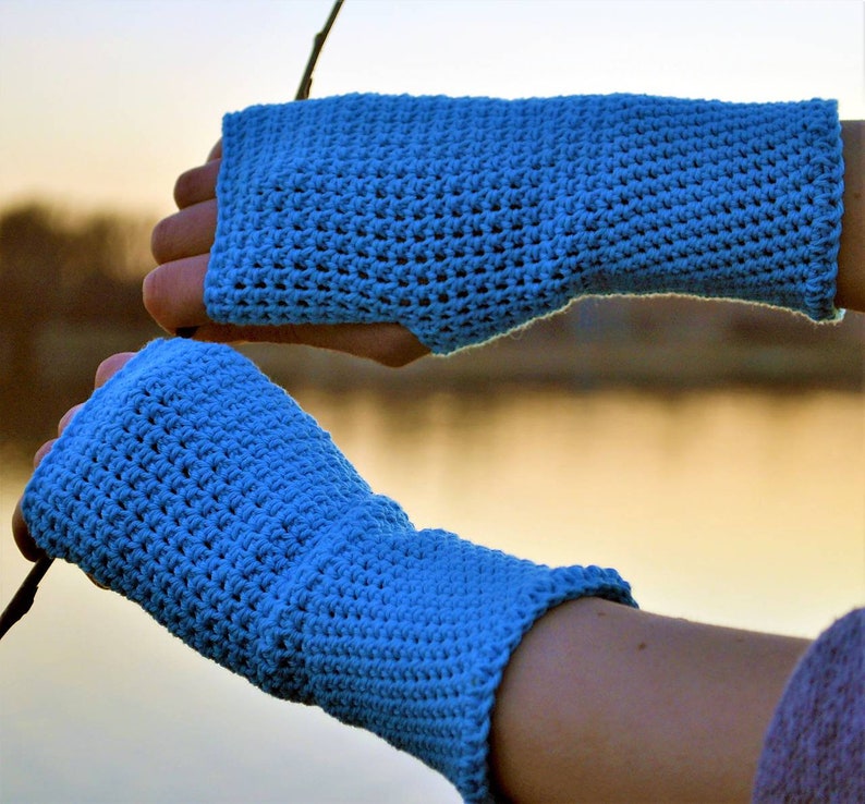 Turquoise Blue Fingerless Gloves / Blue 100% Cotton Crochet Arm Warmers ...