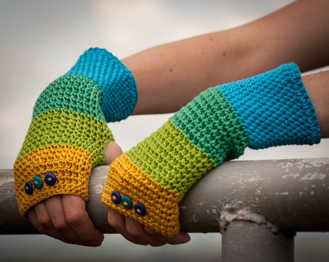 Blue Green Yellow Fingerless Gloves / 100% Cotton Crochet Arm Warmers ...
