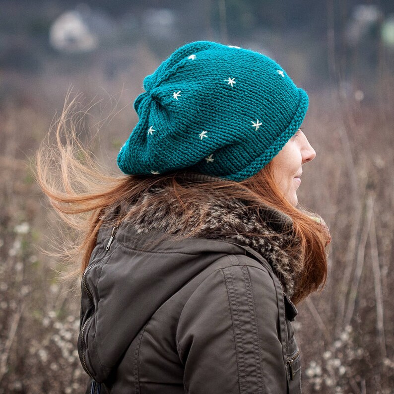 Dark Cyan Slouchy Beanie Hat With Embroidered Stars / Petrol Blue Hand ...