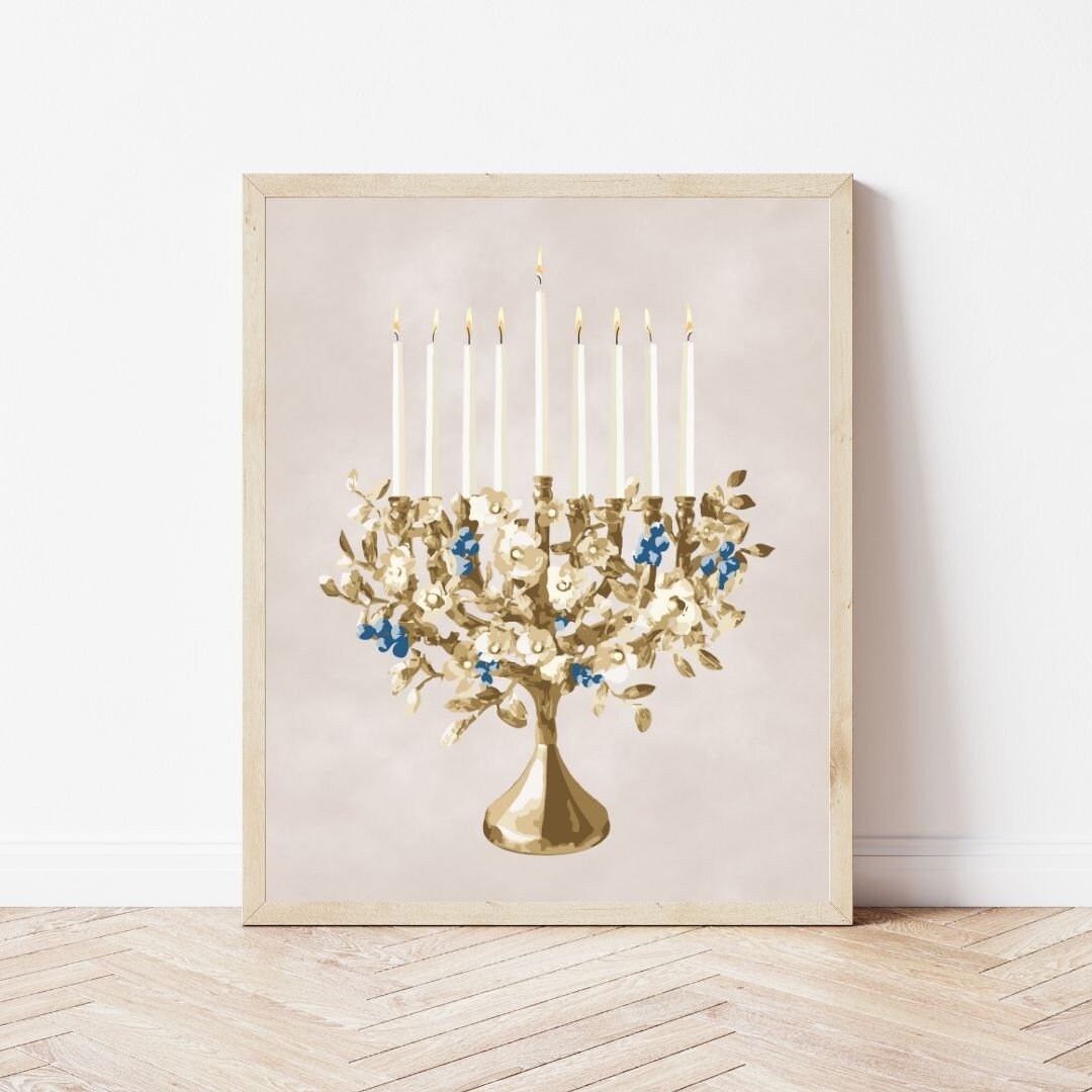 Hanukkah Menorah Holiday Printable Wall Art Floral Menorah Classy Cute ...