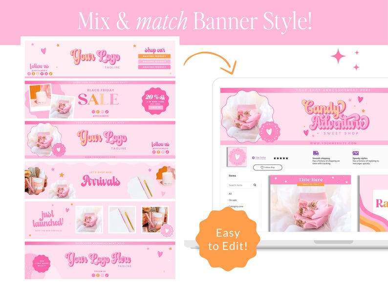 Pink Rainbow Etsy Banner Templates, Canva Store Branding Kit, Complete ...