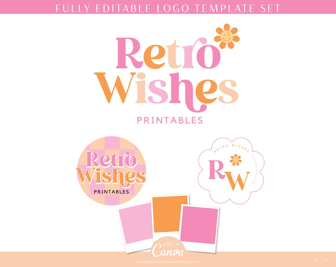 Pink Retro Logo Template Editable Canva Logo Design With - Etsy