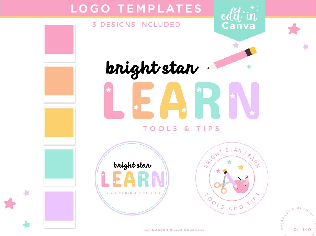 Editable Canva Teacher Rainbow Logo Template Set, Pastel Branding Kit ...