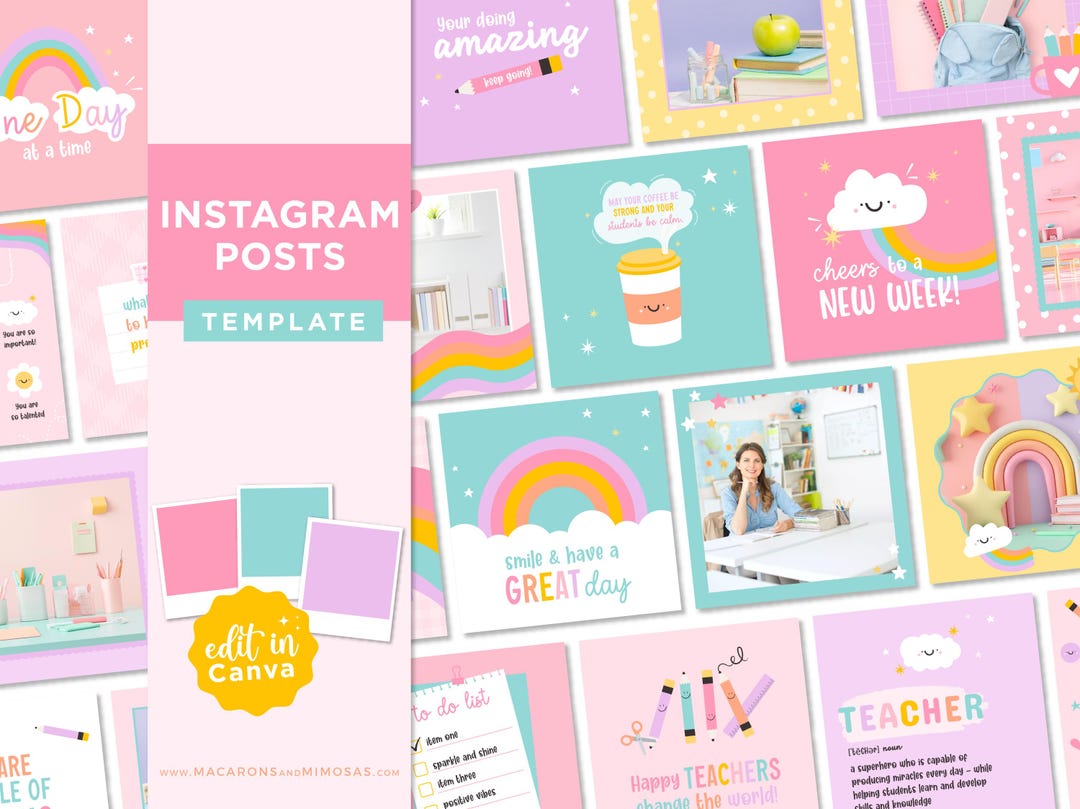 Rainbow Teacher Instagram Post Social Media Templates Bundle for Canva ...