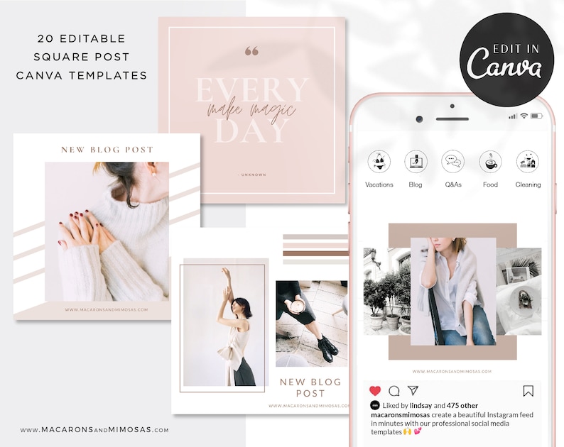 Instagram Templates for Canva Editable IG Square Posts 20 - Etsy