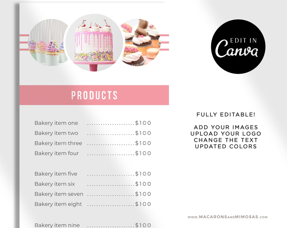 Bakery Price Sheet Rack Card for Cakes Price Sheet Menu for | Etsy