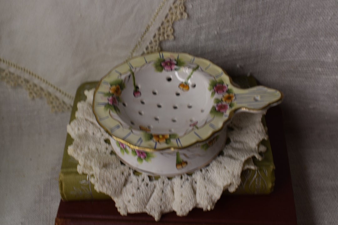 Vintage Gold and Pink and Green Floral Tea Strainer / Antique European ...