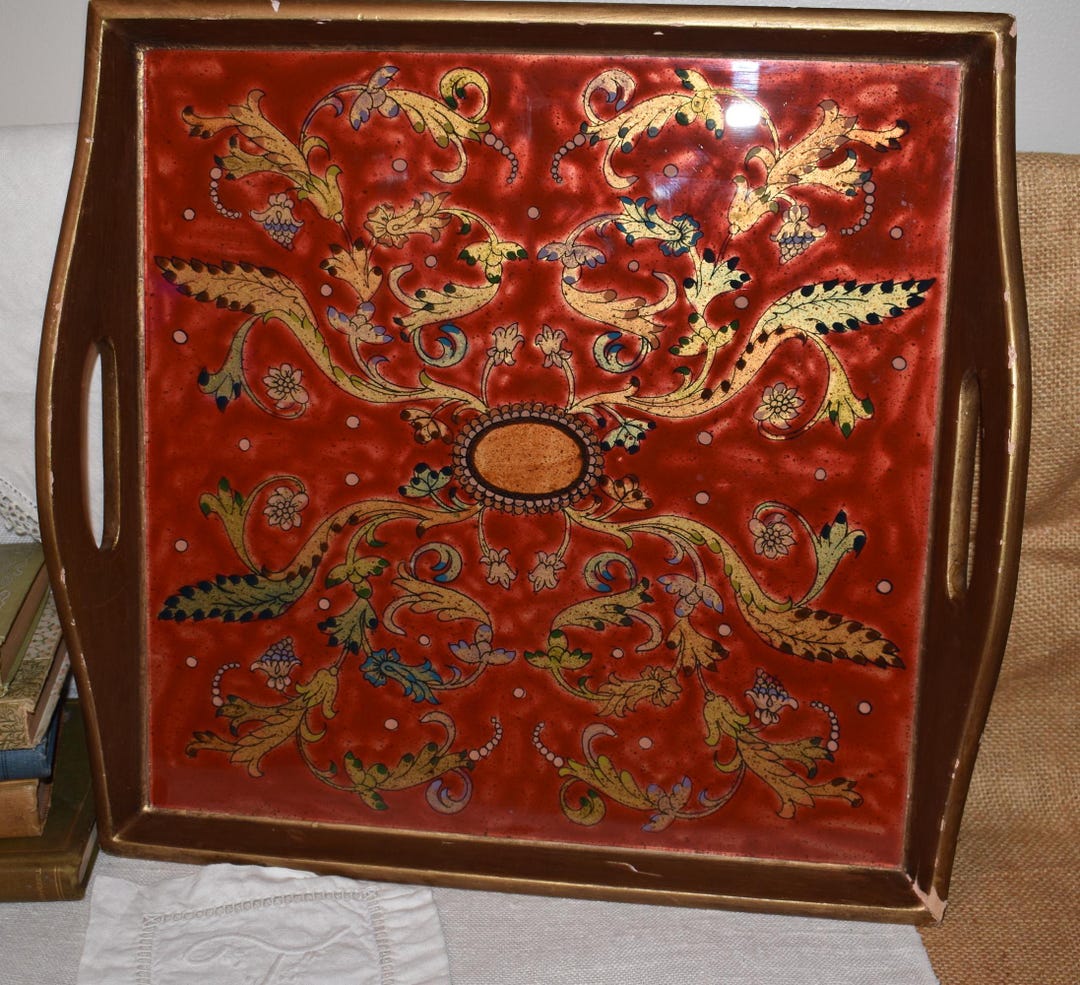Vintage Eglomise Painted Glass Tray / Vintage Reverse Painted Glass and ...