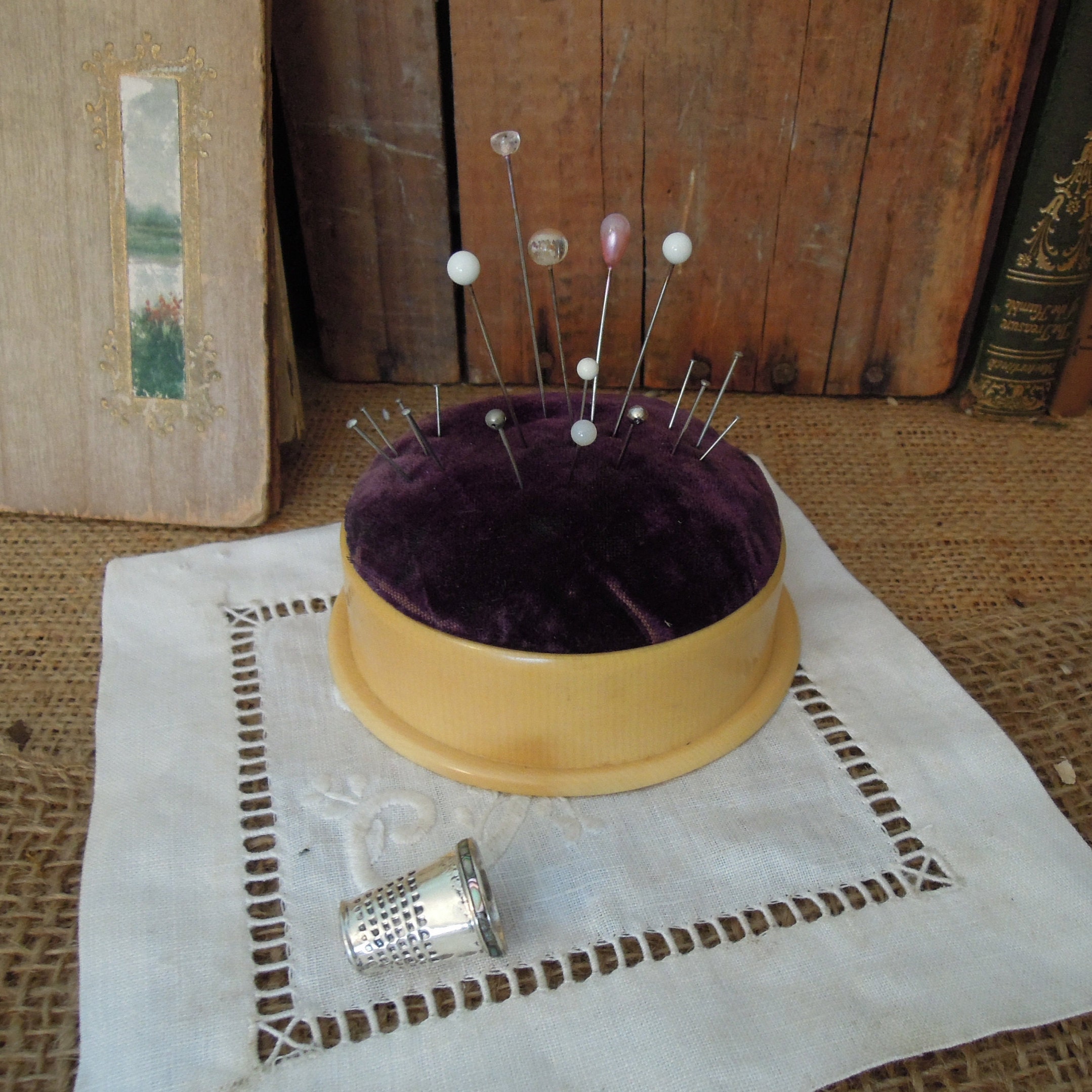 Vintage Celluloid Pin Cushion / Purple Pin Cushion / Vintage Sewing ...