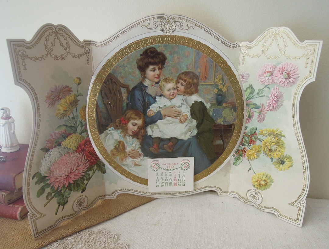 Antique Die Cut Calendar 1902 / Victorian Calendar Die Cut Scene ...