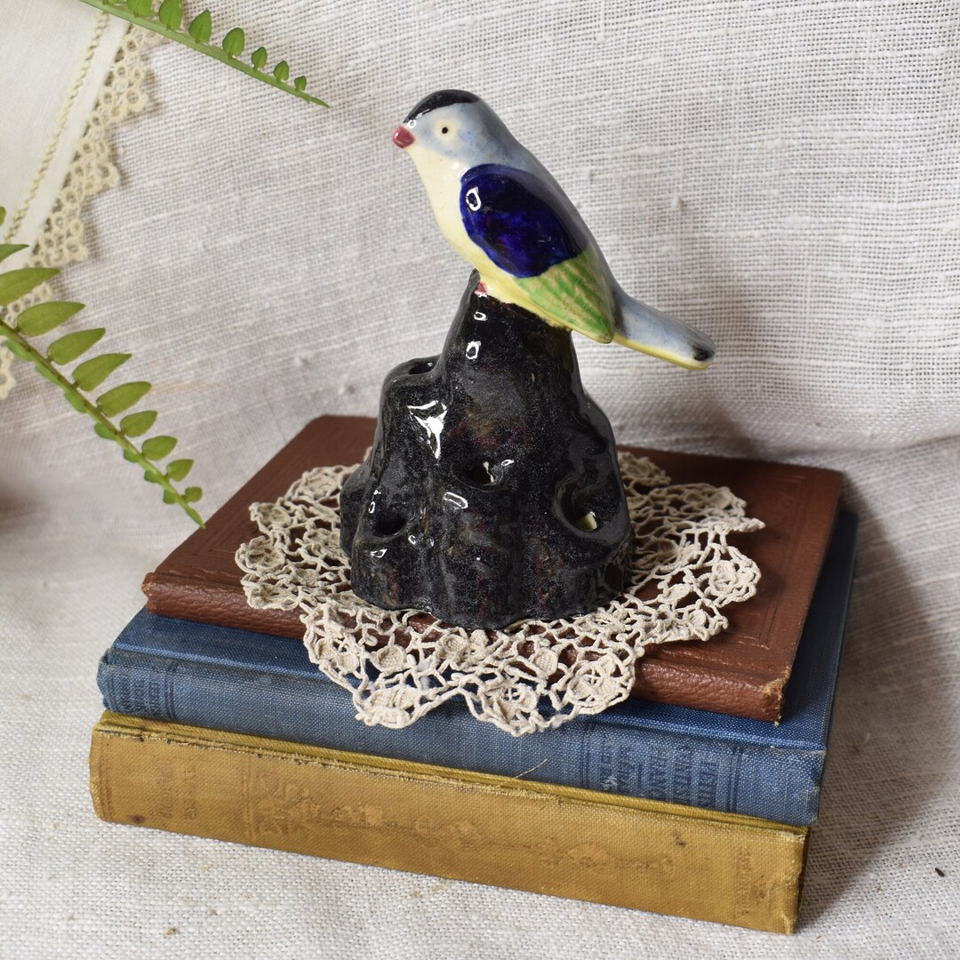 Vintage Flower Frog Blue Bird / Blue Pottery Floral Frog / Garden Décor ...