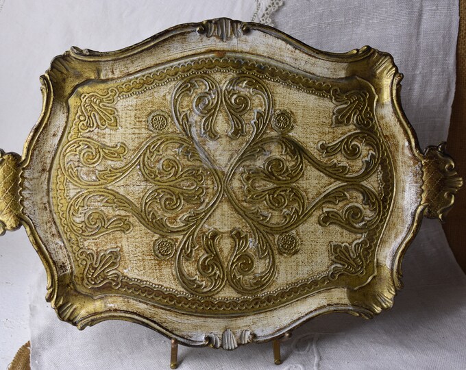 Vintage Italian Tray / Gold and White Serving Tray / Florentine Plastic ...