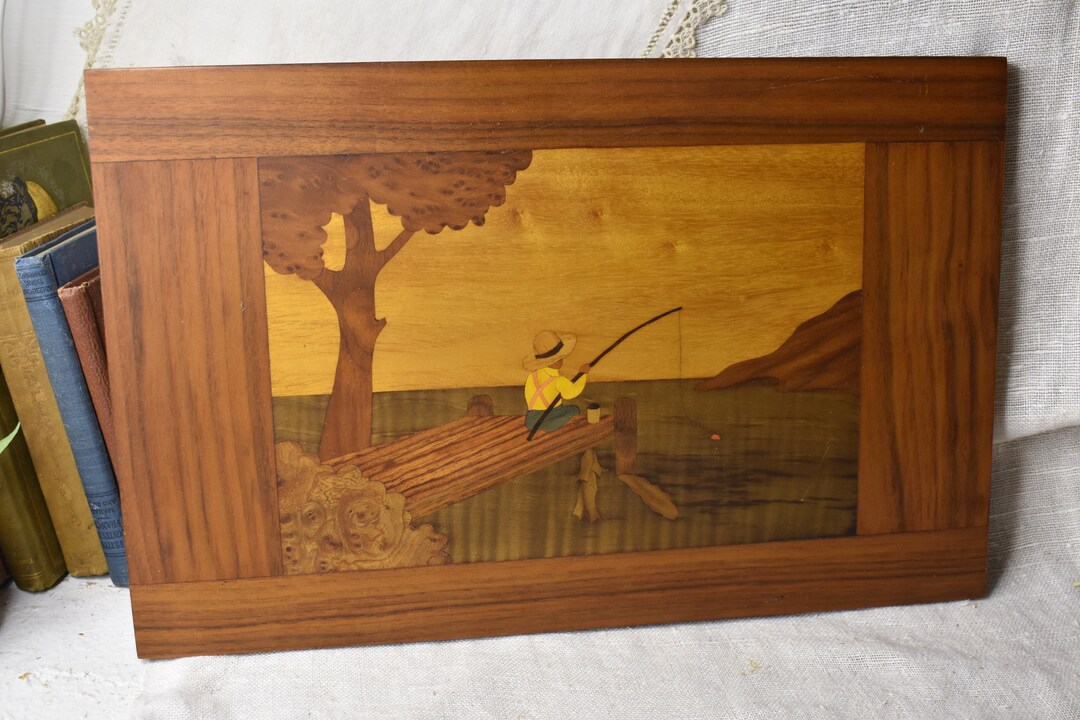 Vintage Marquetry Inlay / Little Boy Fishing on a Dock / Wood Marquetry ...