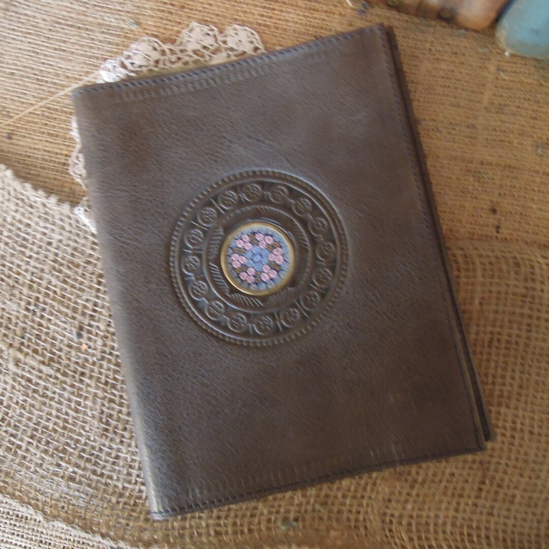 Vintage Leather Book Cover With Art Glass Millefiori Center / Leather ...