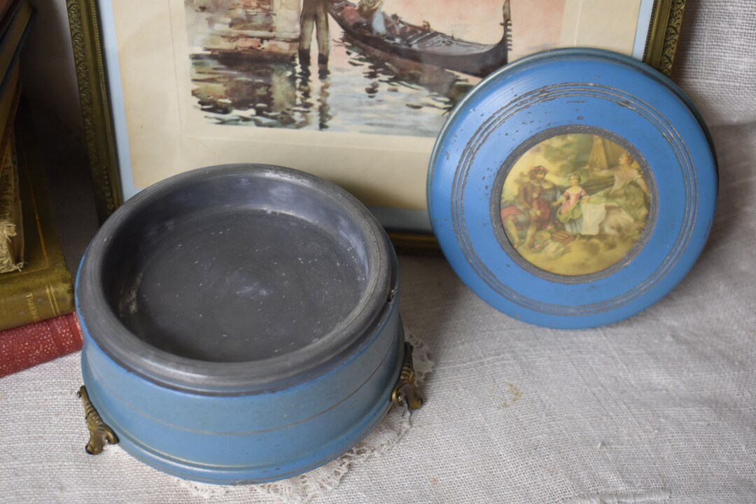 Antique Blue Music Box / Vintage Powder Box / Vanity Powder Music Box ...