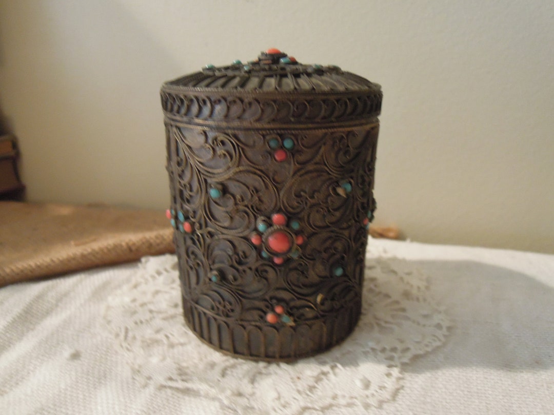 Vintage Antique Jeweled Brass Storage Box / Moroccan Filigree Brass ...