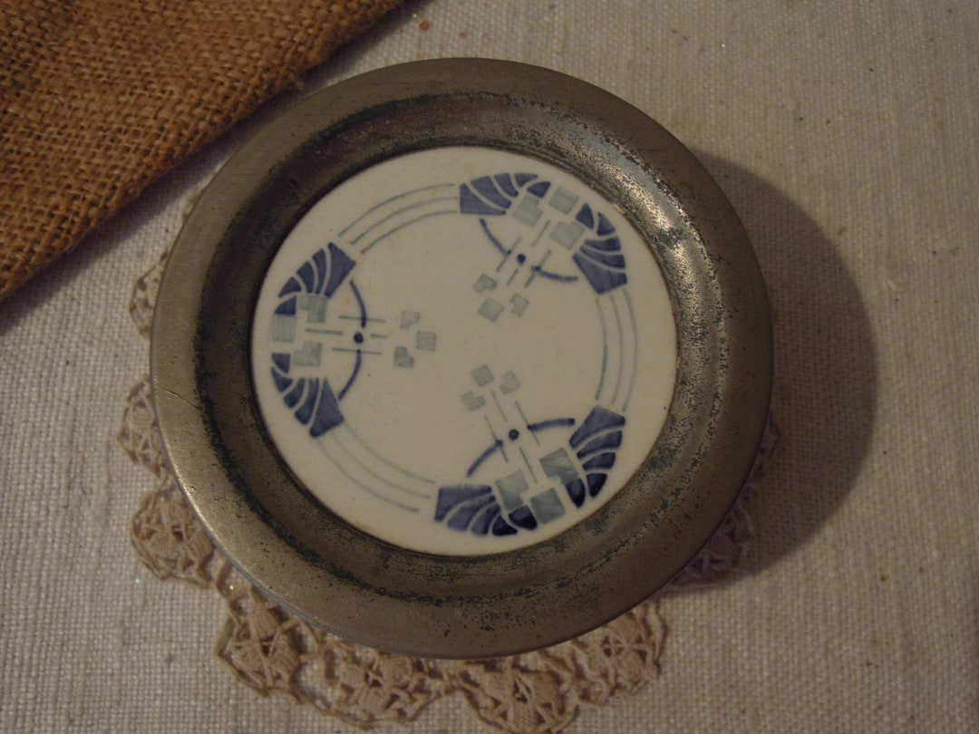 Vintage Blue & White Delft Coasters / Silver Metal Ceramic Coasters ...