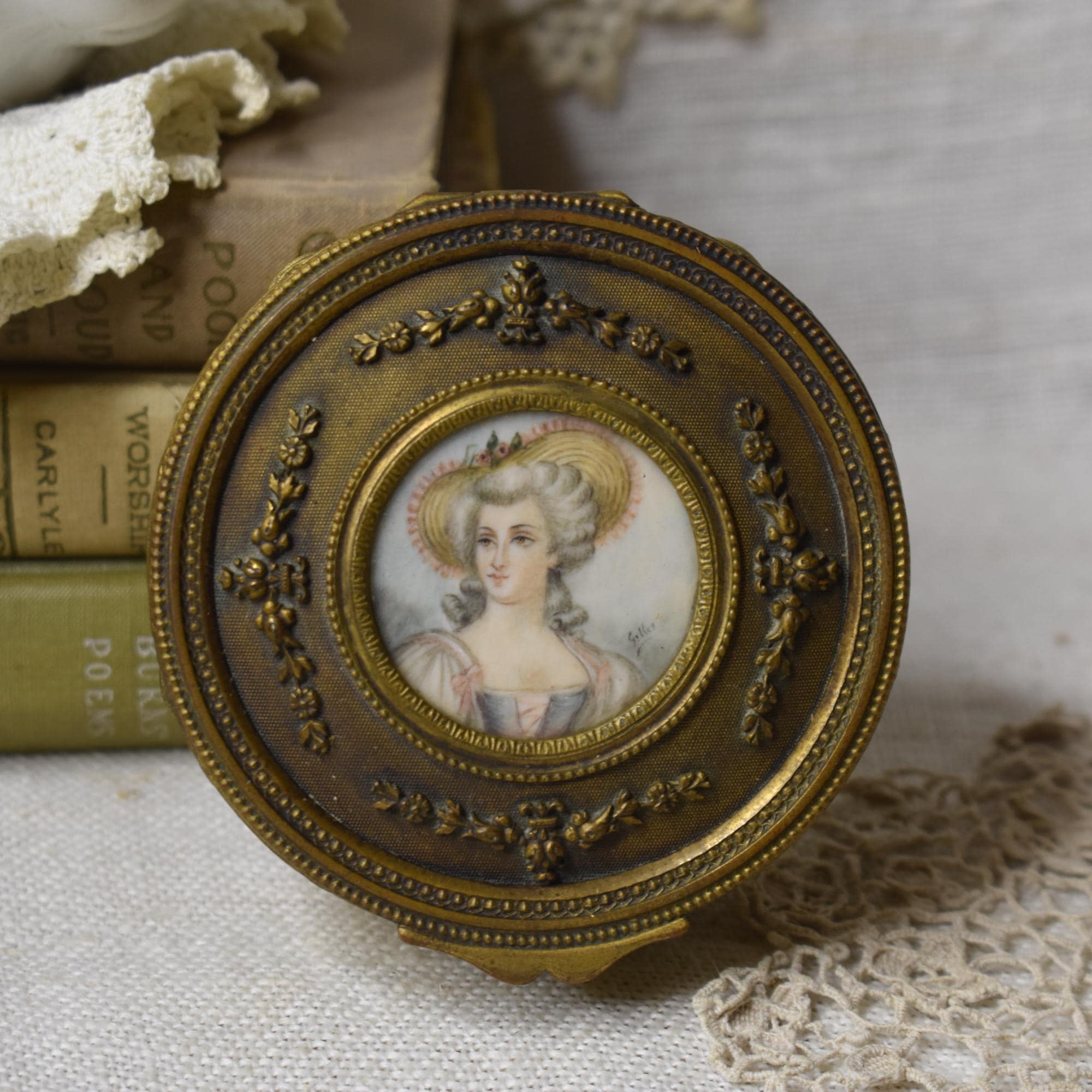 Antique Signed Gillet Hand Painted Lady / French Ornate Brass Hinged ...