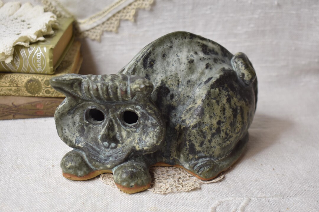 Vintage Cat Figurine / Quirky Pottery Cat / Verdigris is Mid Century ...