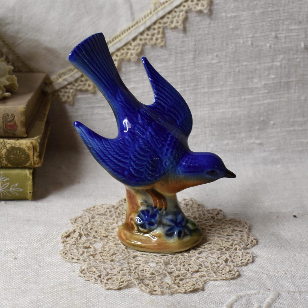 Vintage Ceramic Blue Bird / Blue Pottery Figurine / Bookshelf Desk ...