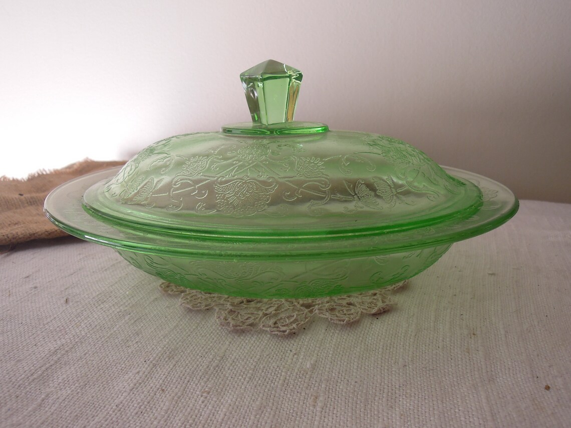 Vintage Depression Glass Covered Dish / Antique Green Oval - Etsy