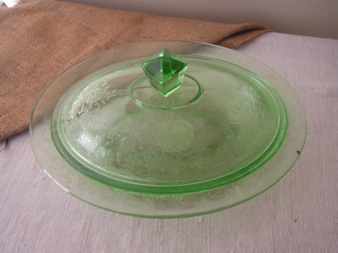 Vintage Depression Glass Covered Dish / Antique Green Oval - Etsy