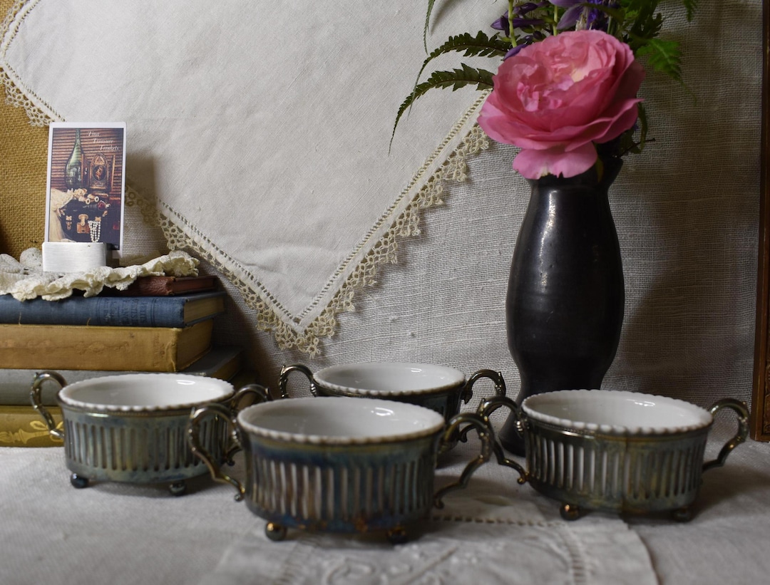 Antique E.G. Webster Set of 4 Silver Plate and Pottery Custard Cups ...