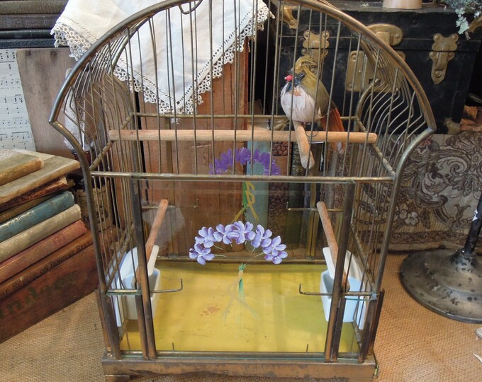Antique German Glass Panel Brass Bird Cage / Vintage Victorian Brass ...