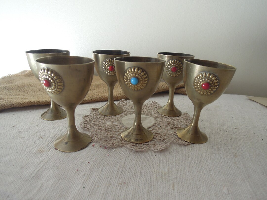 Vintage Moroccan Brass Jeweled Shot Glasses / Vintage Six Cup Set ...