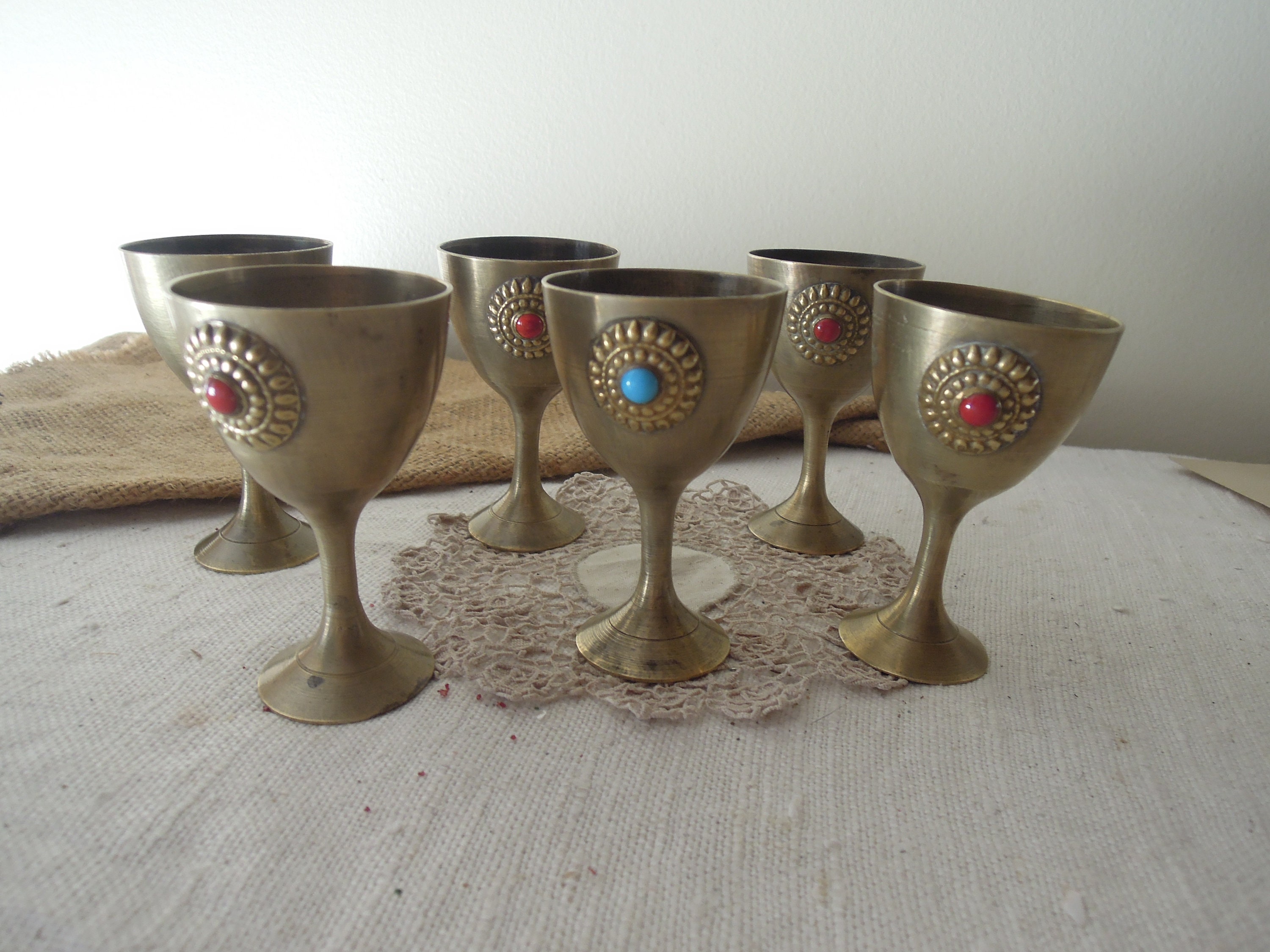 Vintage Moroccan Brass Jeweled Shot Glasses / Vintage Six Cup Set ...