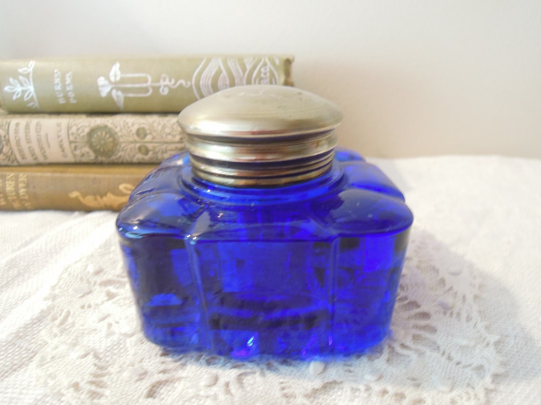 Vintage Glass Blue Ink Well / Square Ribbed Glass Inkwell - Etsy