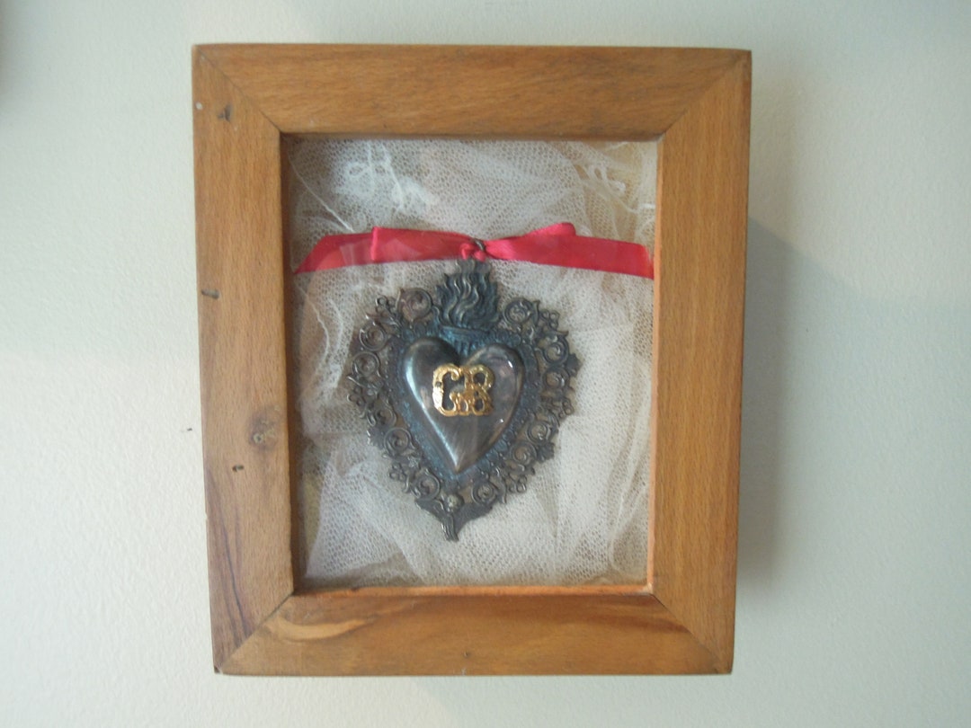 Vintage Framed Flaming Sacred Heart Memento / Framed Antique Italian Ex ...