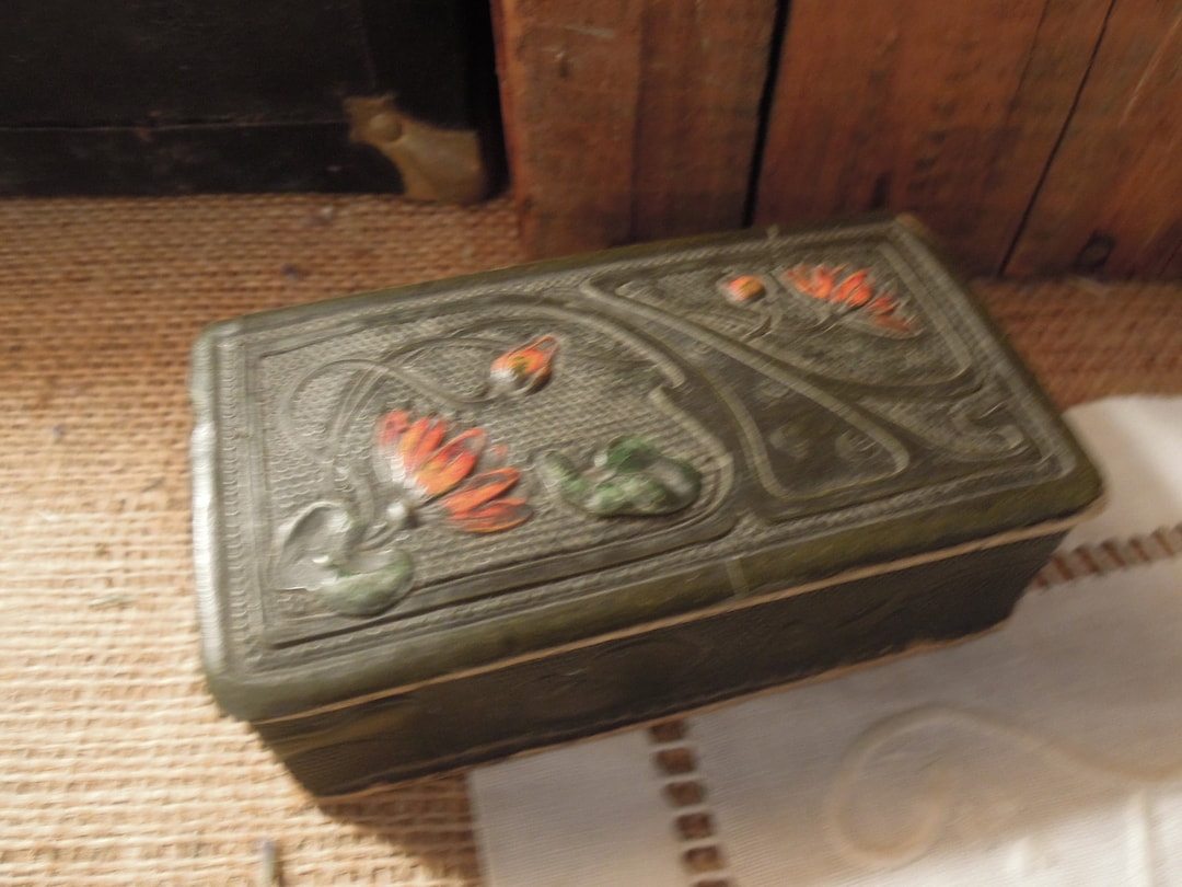 Antique Tooled Leather Postage Stamp Box / Desk Accessory / Stamp ...