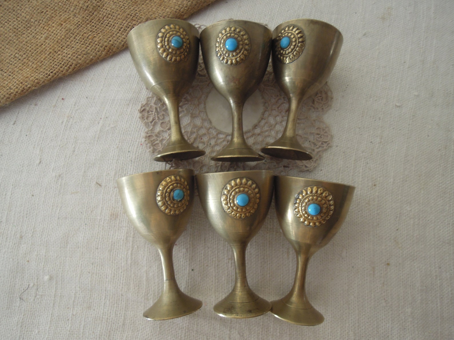 Vintage Moroccan Brass Jeweled Shot Glasses / Vintage Six Cup Set ...